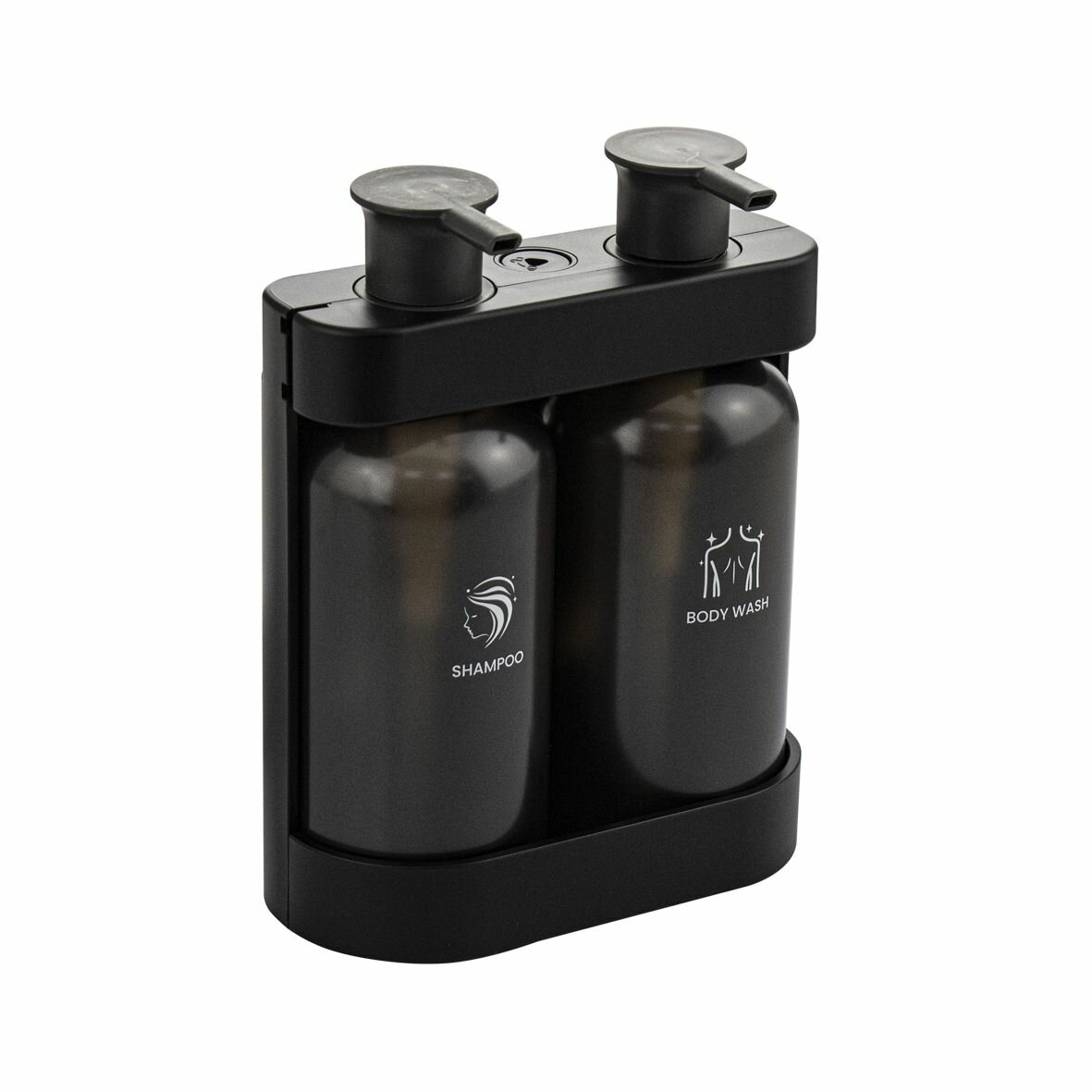 Дозатор для жидкого мыла, антивандальный, двойной ( 2 х 380 мл ), из высокопрочного АБС пластика, цвет корпуса черный.