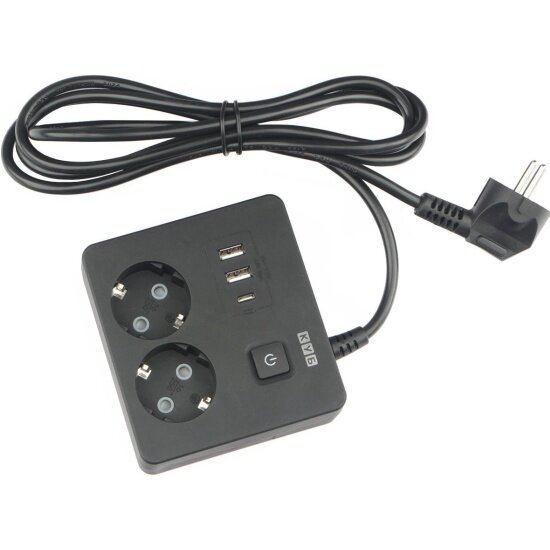 Сетевой удлинитель с USB Power Cube PowerCube, 2 розетки с заземлением, с выключателем, 3USB, 3500 Вт, 16А, 1.9 м, 3*1,0 (черный) квадрат