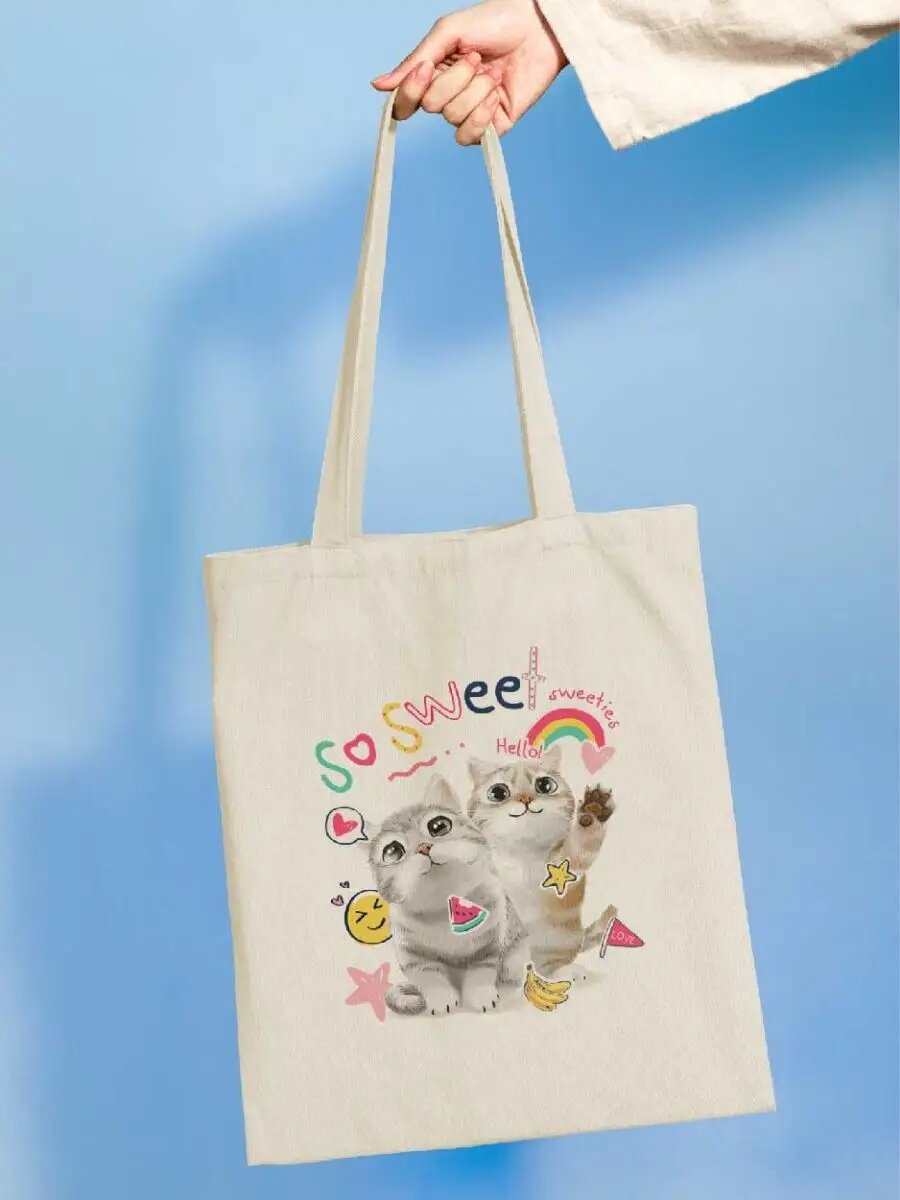 Сумка шоппер  женская с принтом холщевая с котами,мем с котом