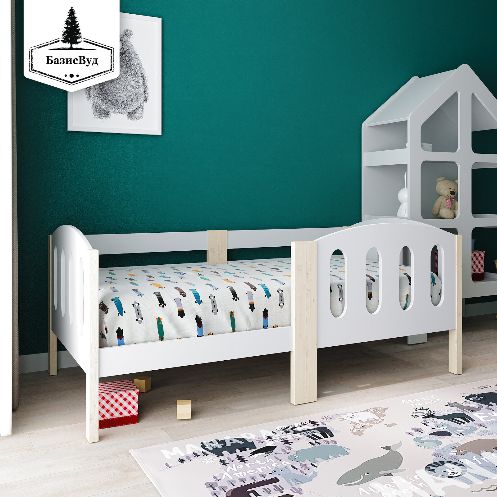 Кровать детская с бортиком 160х80, БазисВуд, "МиМи Классик" , ножки массив сосны