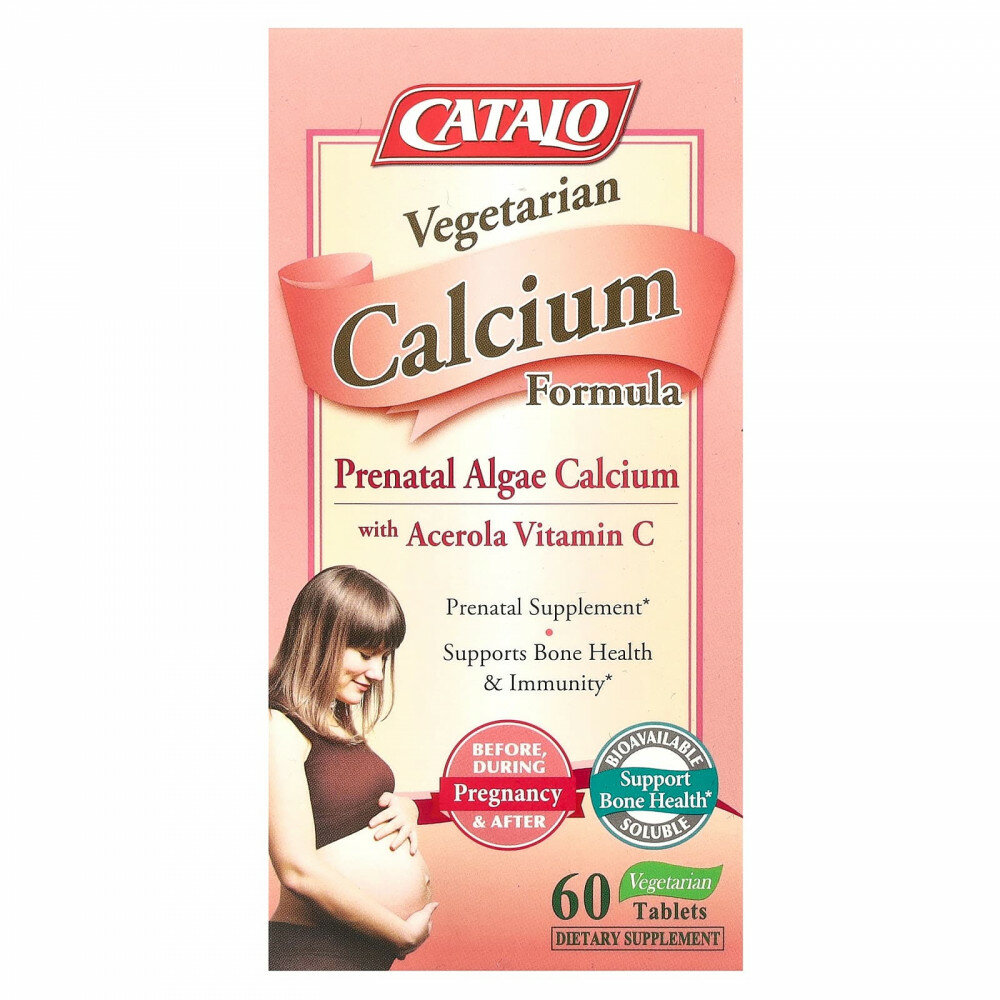 CATALO, Vegetarian Calcium Formula, пренатальный кальций из водорослей с ацеролой и витамином C, 60 вегетарианских таблеток