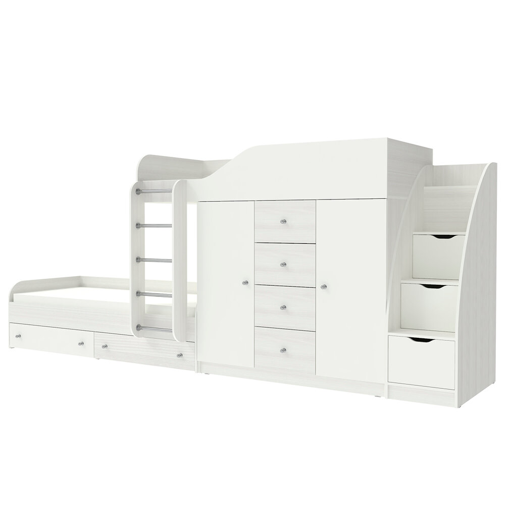 Кровать двухъярусная Астра 6 с лестницей комодом Белое Дерево Белый