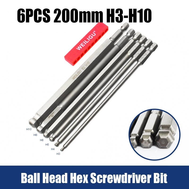 65/100/150/200 мм Стандартный шестигранный набор бит для отвертки Метрическая Магнитная шаровая Головка шестигранный отвертка инструмент 1/4 "6,35 мм шестигранный хвостовик 6PCS 200mm H3-H10
