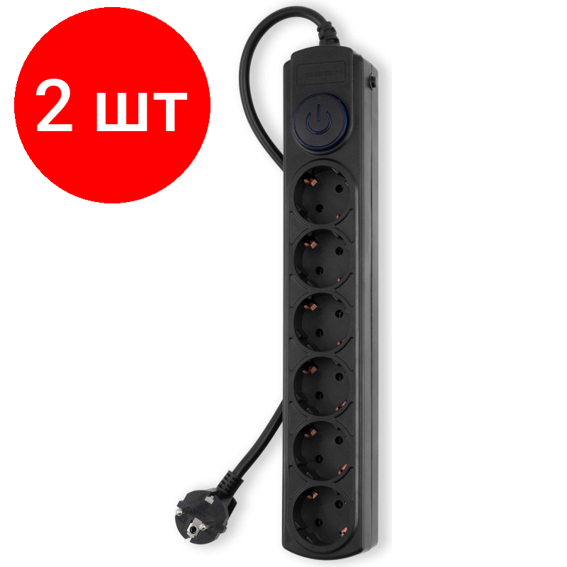 Комплект 2 штук, Сетевой фильтр Ippon BK-6-EU-3-16-B 3м (6 розеток) черный (1804840)
