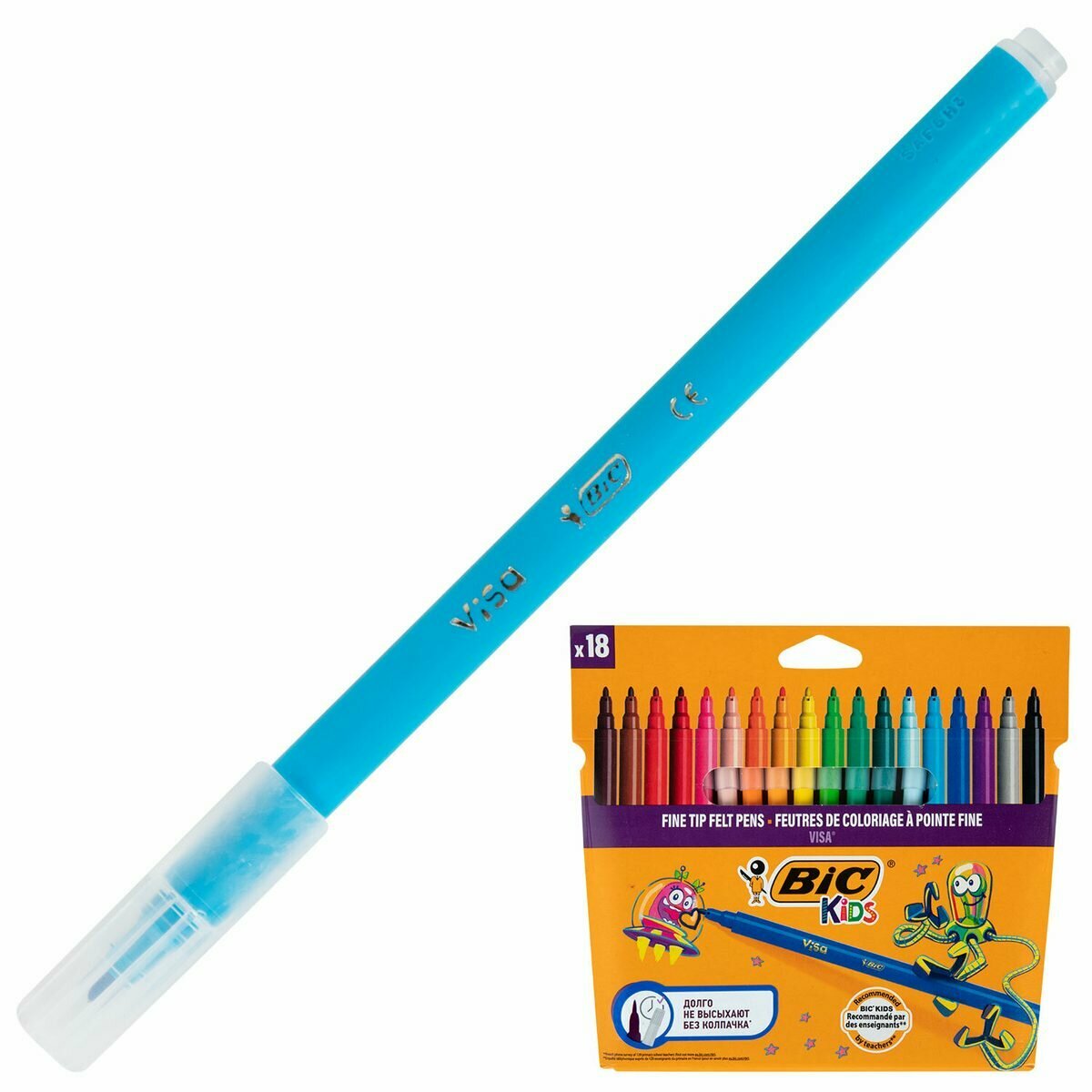 Набор фломастеров 18 цветов BIC Kids Visa 880 (линия 0.9мм, смываемые) картон, европодвес (888681), 24 уп.
