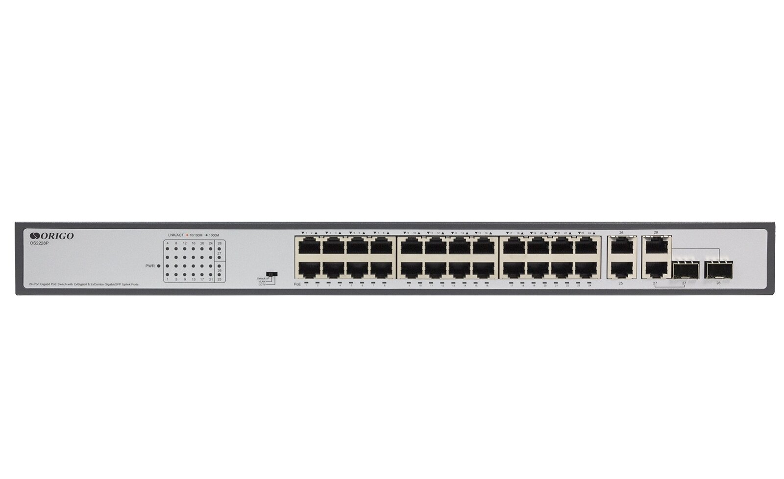 ORIGO Unmanaged Switch 26x1000Base-T (24x1000Base-T PoE), 2xCombo 1000Base-T/SFP, PoE Budget 370W, Long-range PoE up to 250m, 19" w/brackets