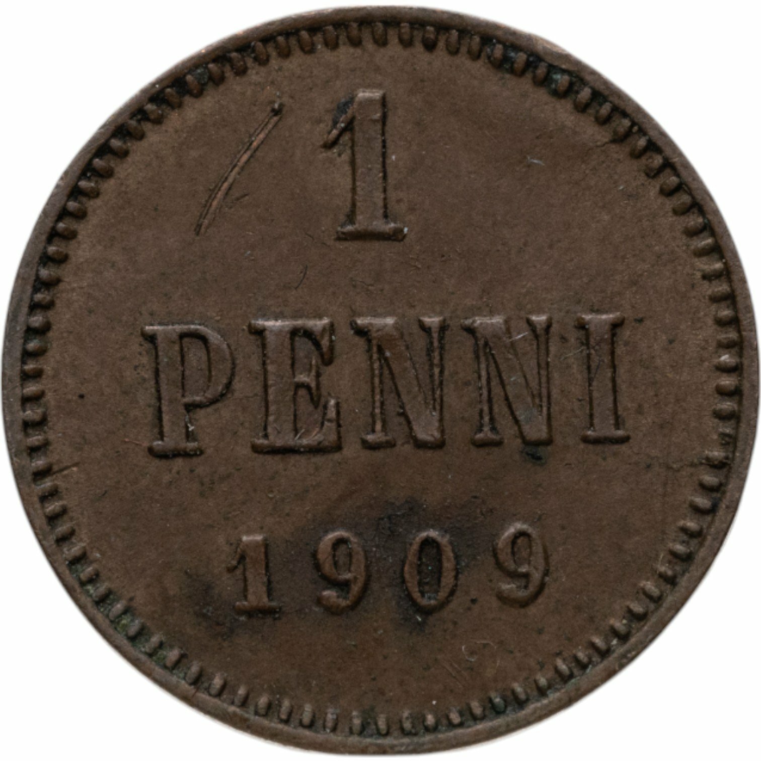 1 пенни penni 1909 Российская Финляндия, Медь, в сохранности XF