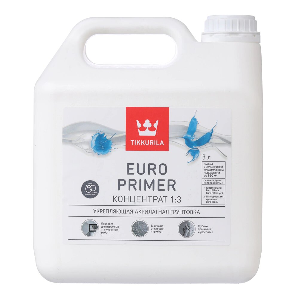 Грунт-концентрат укрепляющий акриловый с фунгицидом Tikkurila Euro Primer 3 л
