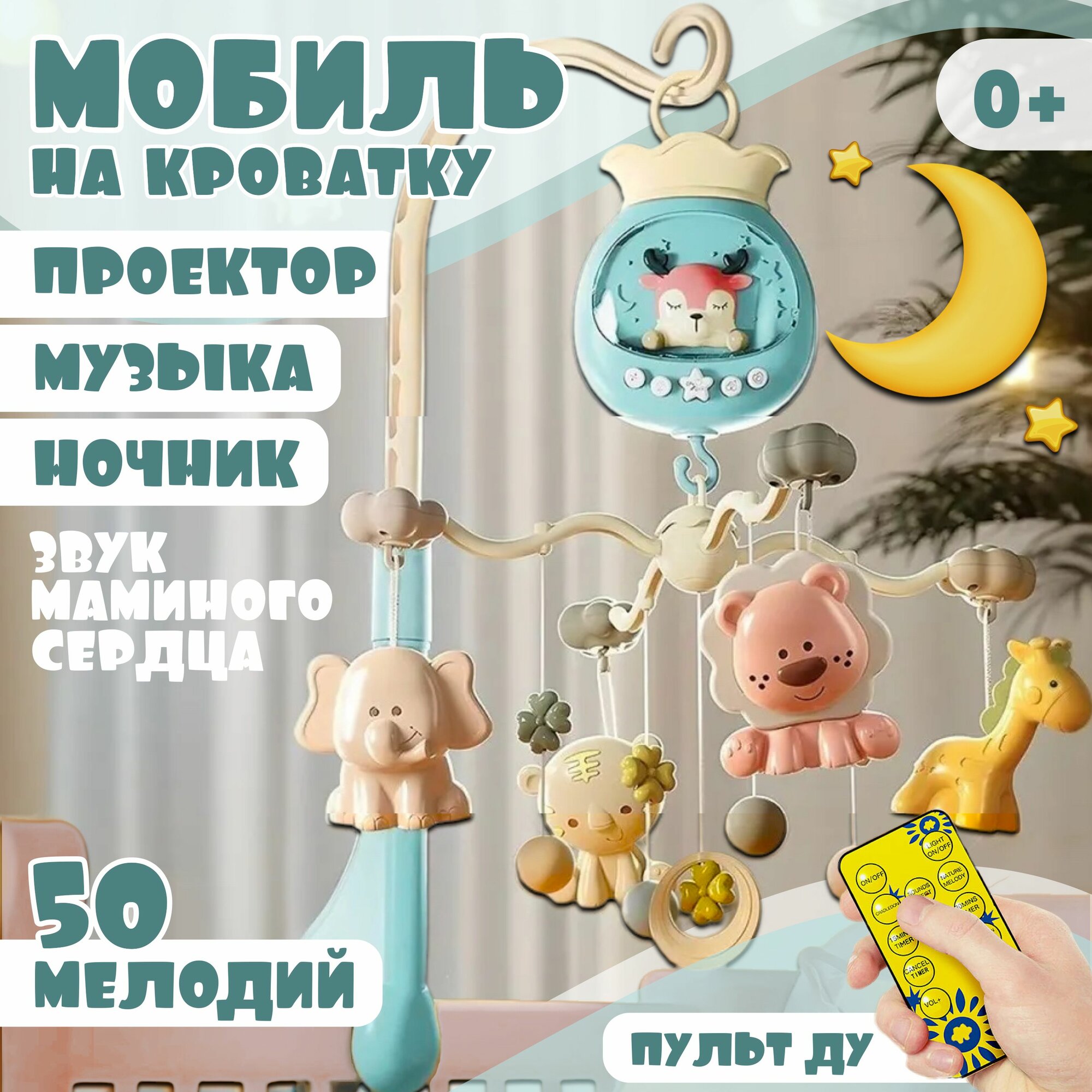 Музыкальный мобиль с проектором и ночником для новорожденных голубого цвета, карусель на кроватку, с пультом прорезывателем, с подвесными съемными игрушками-3