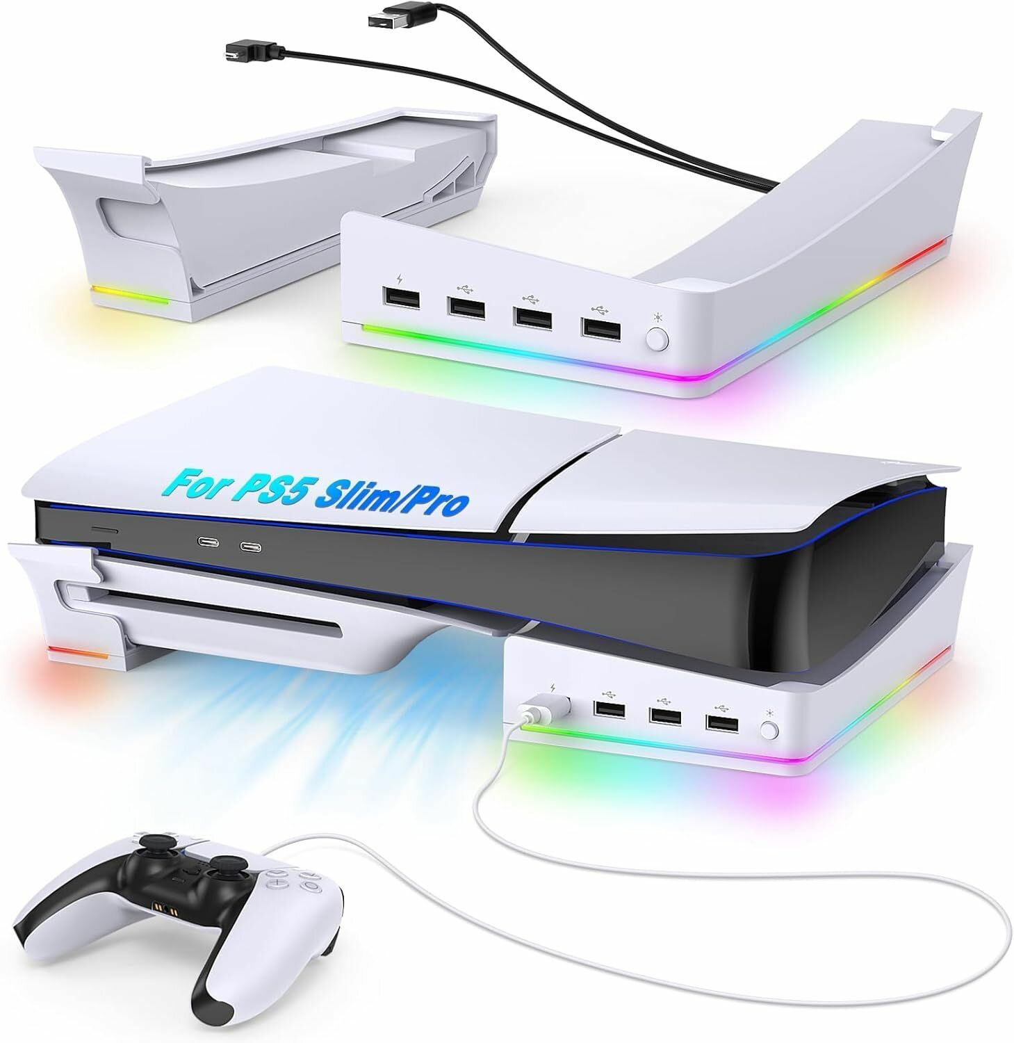 Горизонтальный кронштейн RGB, подходящий для аксессуаров PS5 Pro/Slim, оснащен 14 режимами освещения и 4 USB-концентраторами, с функцией быстрой зарядки, белый