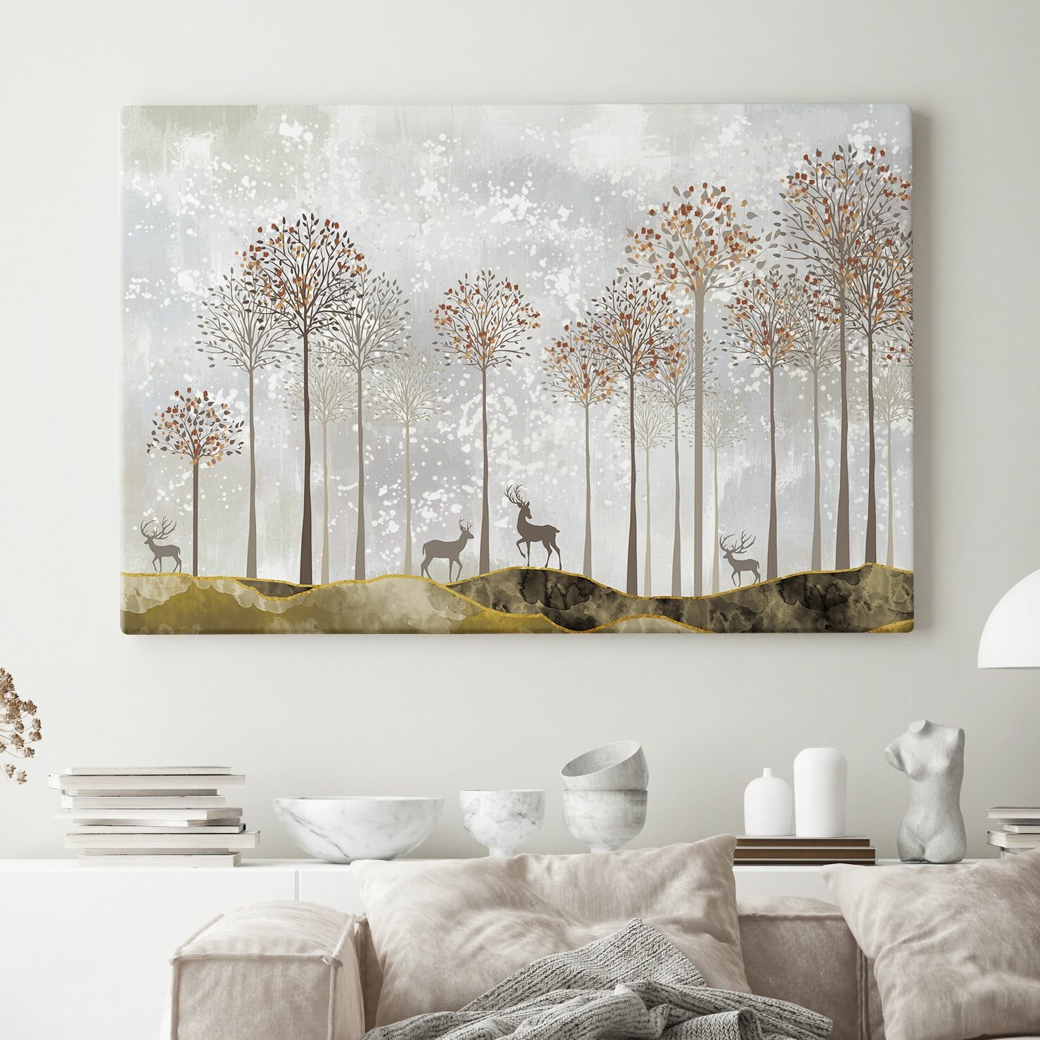 Интерьерная картина "Семья оленей в лесу" на холсте, большая, размер 40 на 60/ 40х60 см