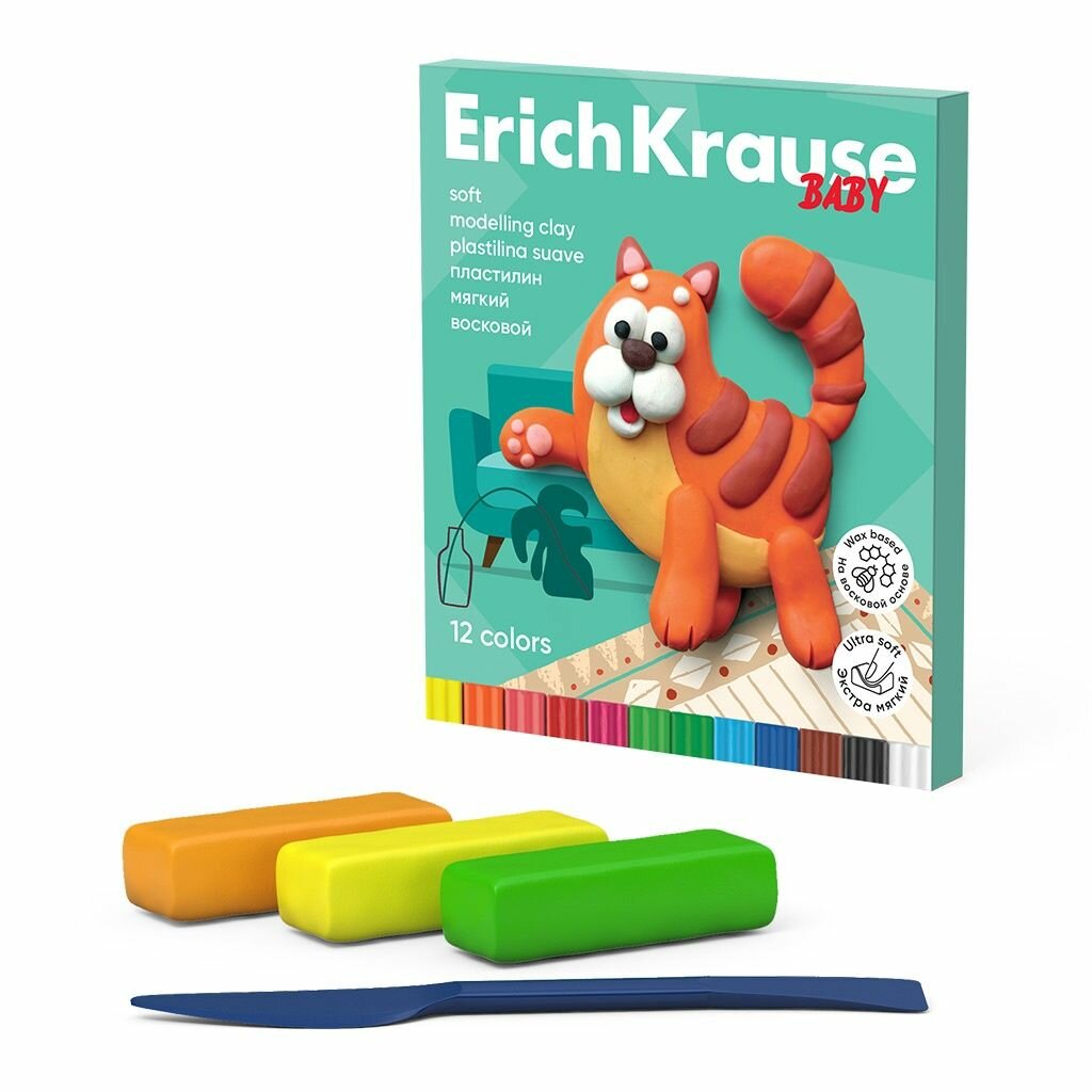 Пластилин Erich Krause восковой 12 цветов, 156 г, Baby, со стеком