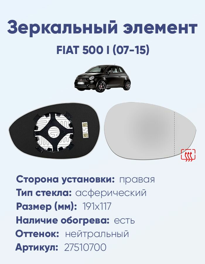 Зеркальный элемент правый FIAT 500 I (07-15) асферика нейтральный с обогревом