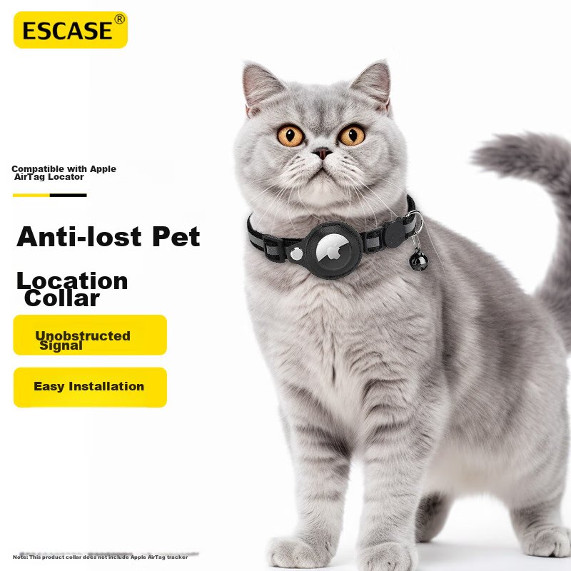 ESCASE Pet Collar with AirTag Protection, AppleTag Anti-Loss Pet Locator Neck Collar, Reflective Bell Collar for Cats, Black