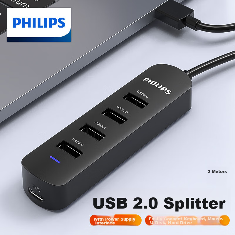 Philips USB Hub 2.0, One-To Multi-Port with External Power Interface, Huawei Laptop Desktop Computer 4-Port Hub, Extension Converter, Extension Cable, 2 Meters