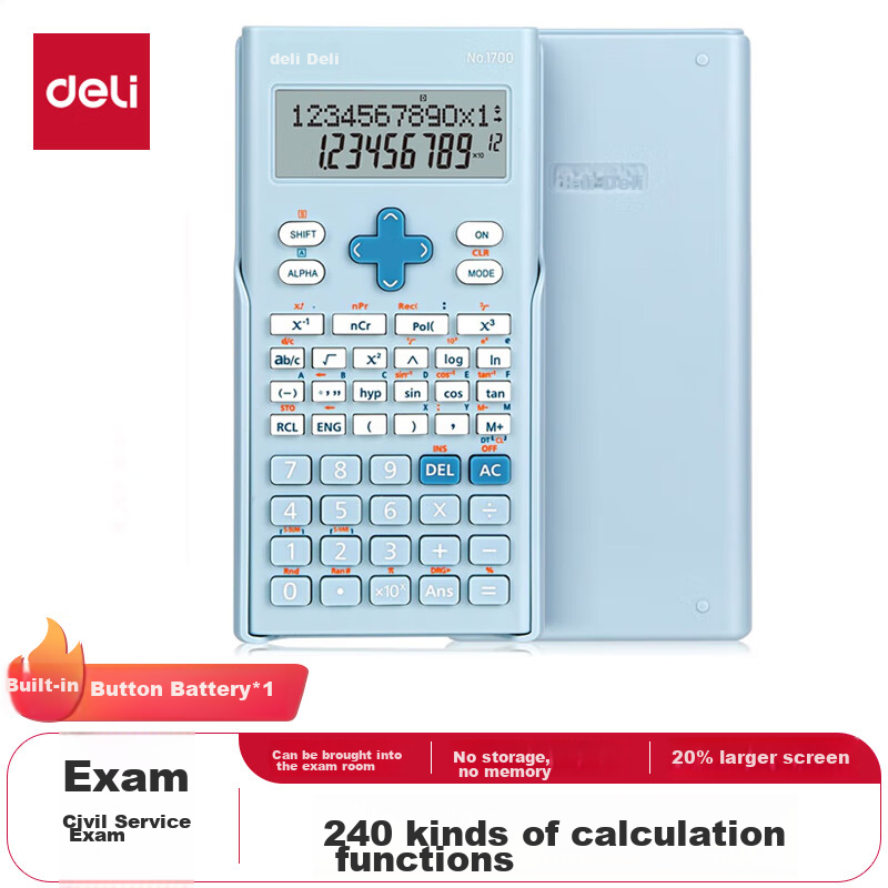 Deli Stylish Scientific Calculator with Dual-Line LCD Display, 240 Functions, Exam Calculator (Suitable for Middle And High School) Light Blue 1700