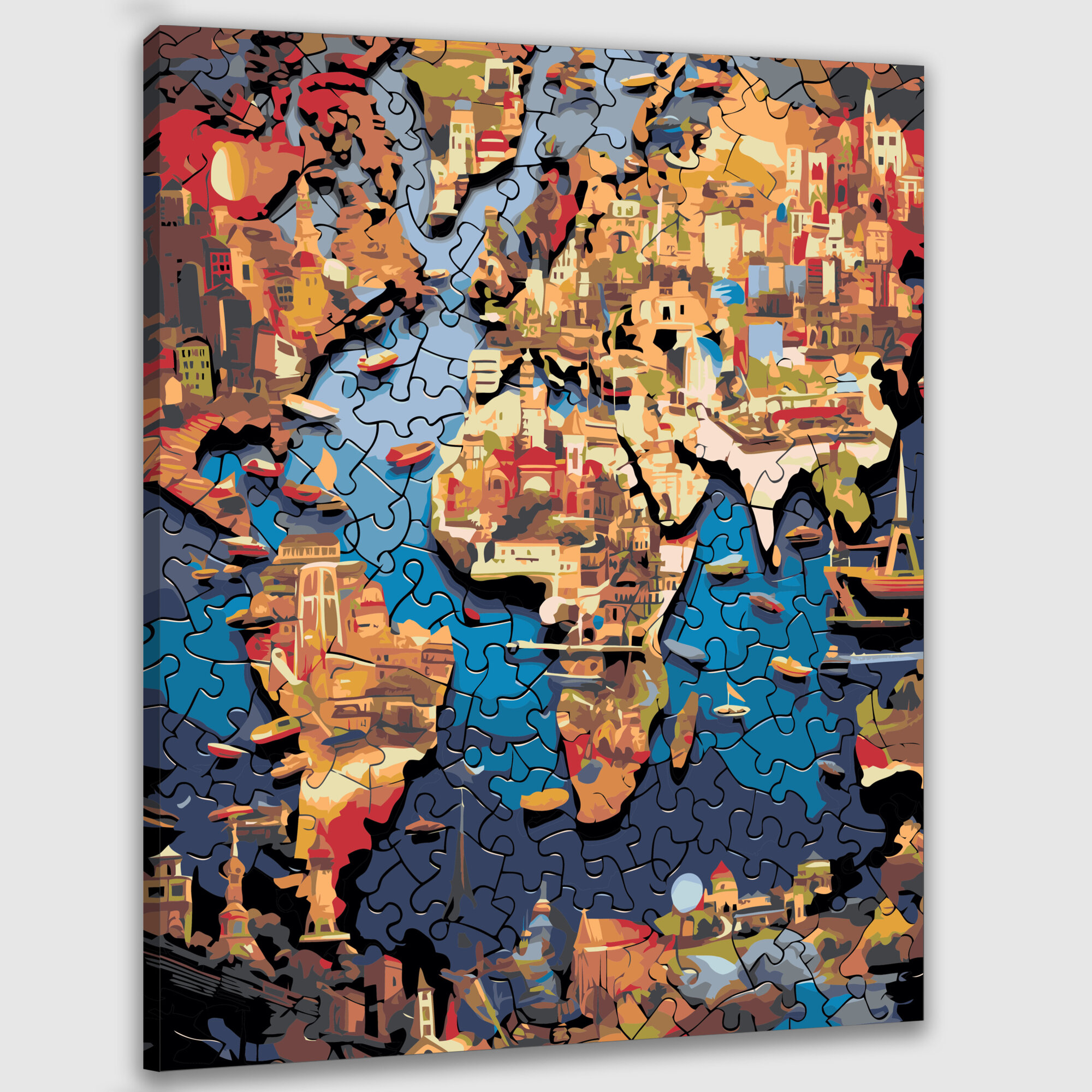 Картина по номерам 40x50 см, цифровой коллаж, карта мира, головоломка, замысловатые кусочки, рисованные от руки, страны