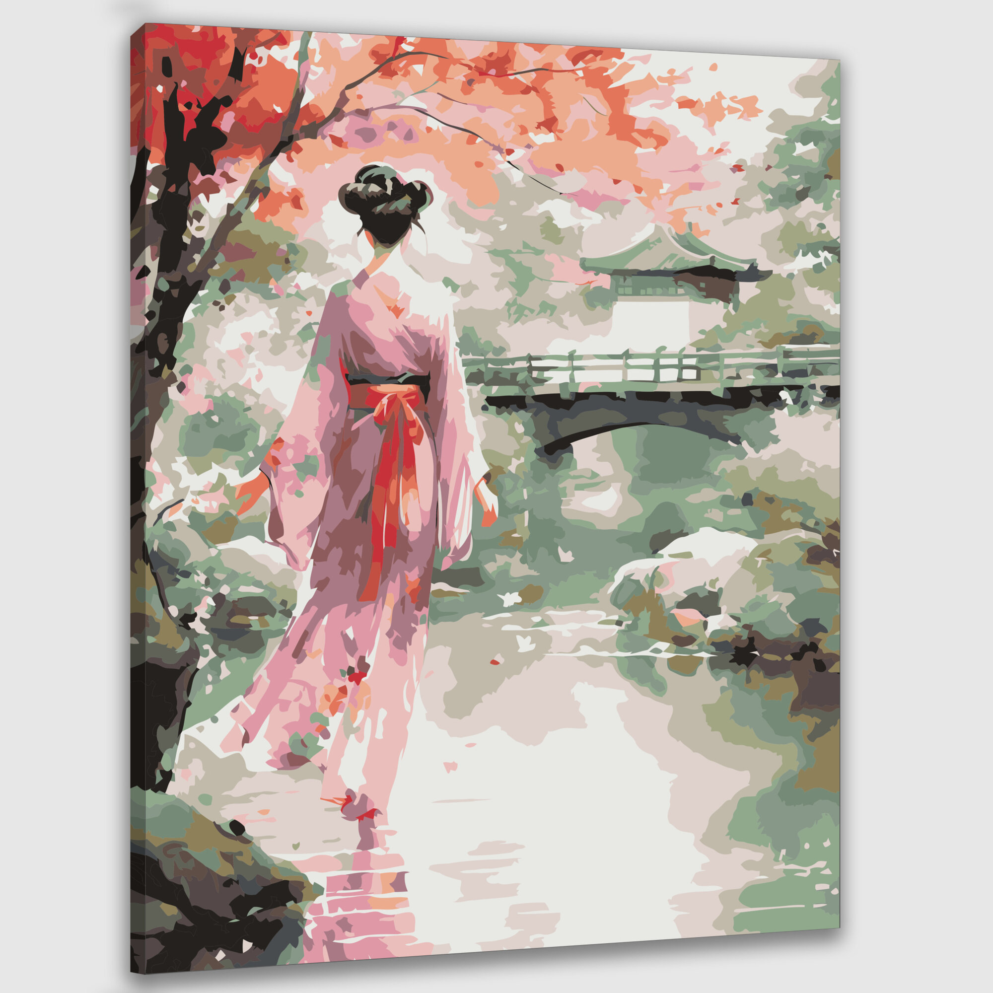 Картина по номерам 40x50 см, Традиционная японская акв, гейша, сад, кимоно, цветочные узоры, складки ткани, зелень