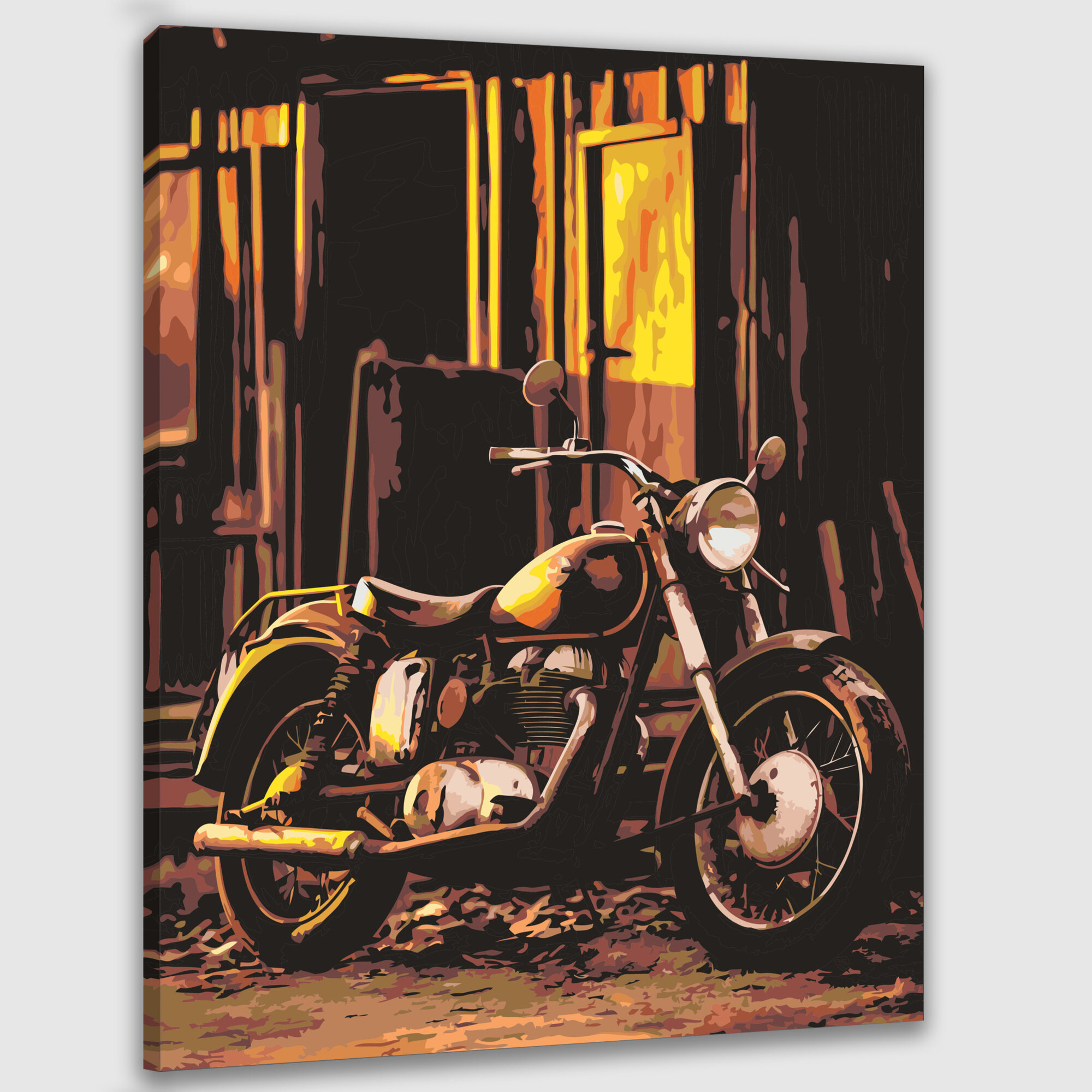 Картина по номерам 40x50 см, винтажный мотоцикл, потрепанное кожаное сиден, изношенный руль, деревенский сарай