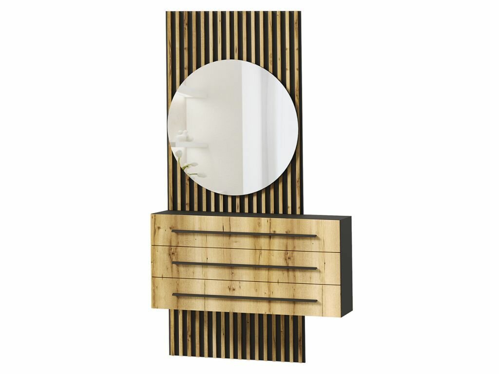 Тумба подвесная с зеркалом Аэлита Дуб Вотан / Черный ширина 120 см ЛДСП в спальню в прихожую с ящиками