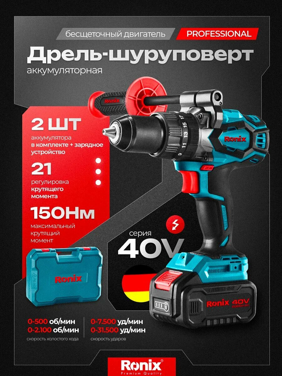 Шуруповерт аккумуляторный Ronix 40V бесщеточный ударный 150 Нм 40V в кейсе дрель