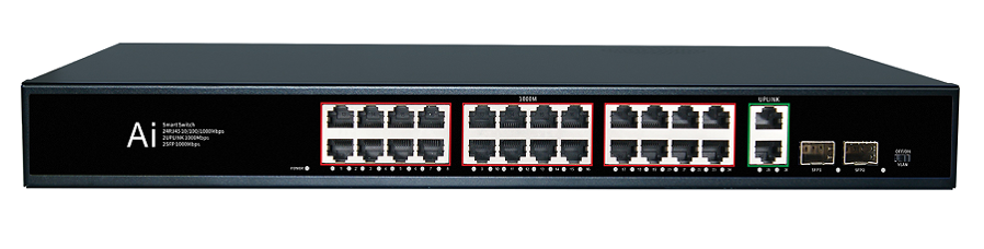 Коммутатор сетевой KAON KN-24F22GB, 24 порта PoE 24*10/100Mbps + 2 Uplink 1Gb + 2 SFP 1Gb