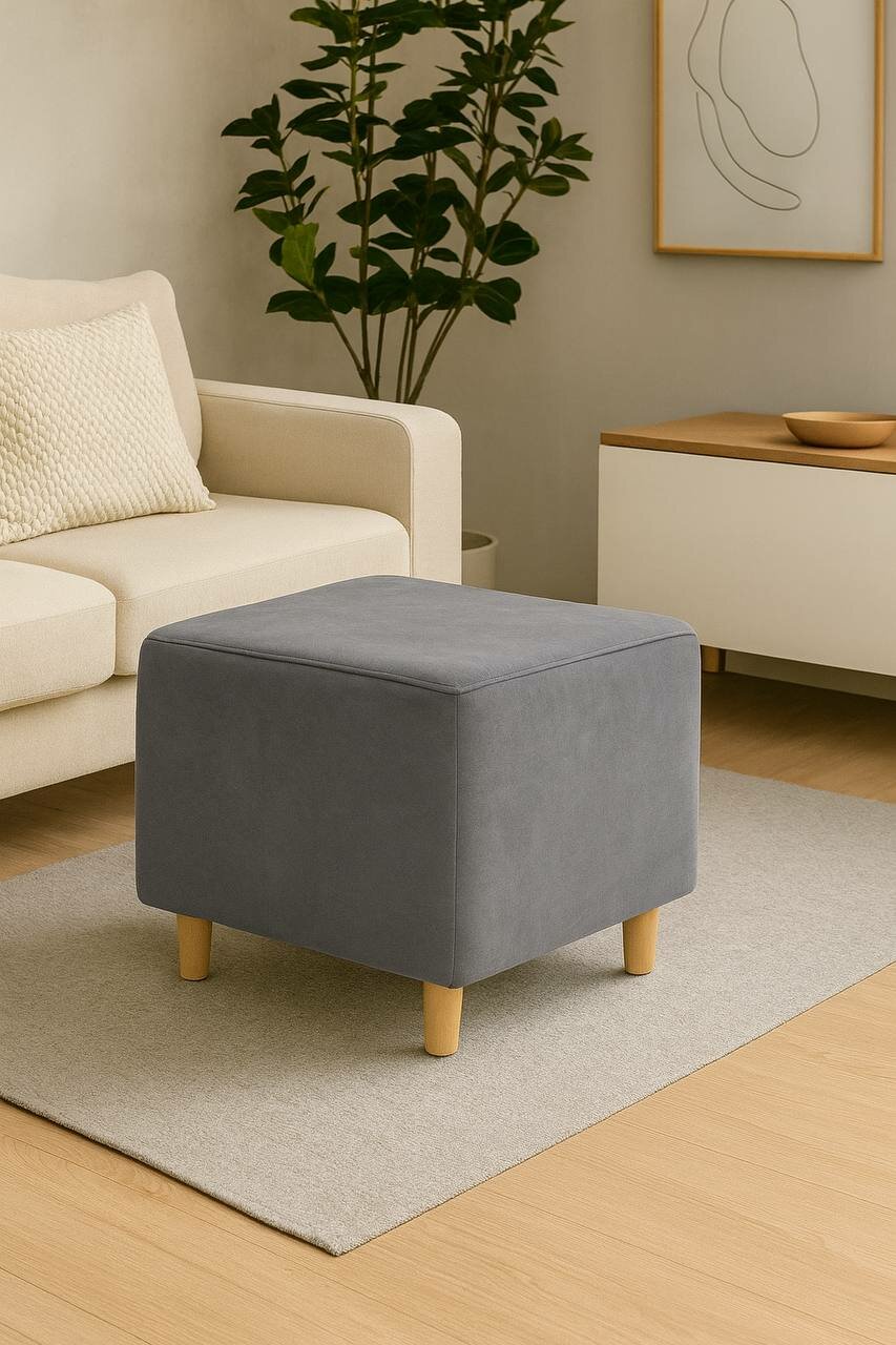 Пуфик в скандинавском стиле, антивандальная обивка велюр, цвет серый графит, квадратный 40х40см
