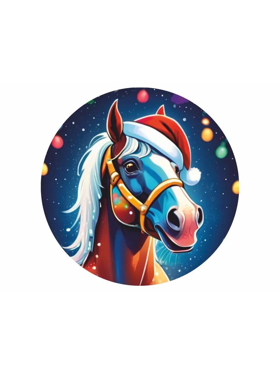 Наклейка круг "Лошадь в новогодней шапке", 100х100мм, вид6,