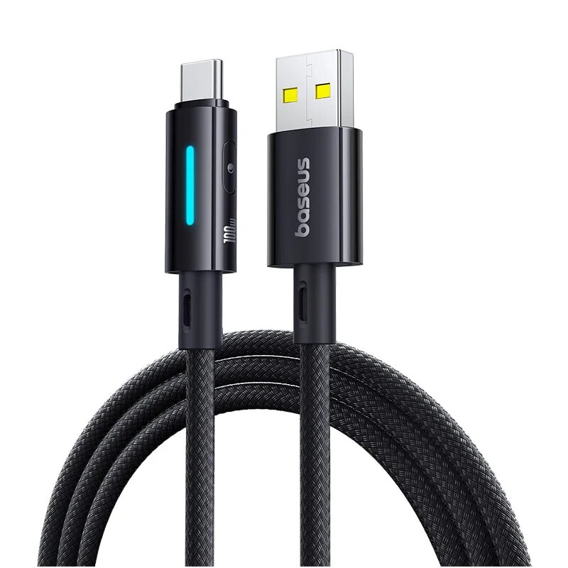 Baseus 100 Вт USB-кабель типа C для Huawei P50 P40 Pro Honor Fast Charge 5A Быстрая зарядка USB C Зарядное устройство Кабель для передачи данных Провод Шнур, Black, 1 м