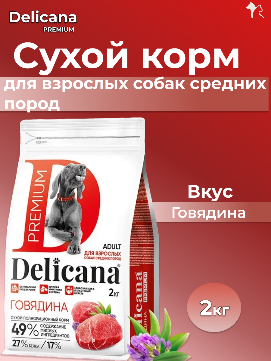 Сухой корм Delicana, для собак средних пород, говядина, 2 кг