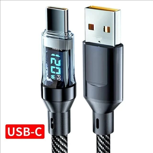 Кабель с двумя USB C и цифровым дисплеем, 120 Вт, кабель PD для быстрой зарядки USB типа C к Type-C для iPhone 16 Pro Max Plus Xiaomi Macbook iPad 2M, USB A to Type C