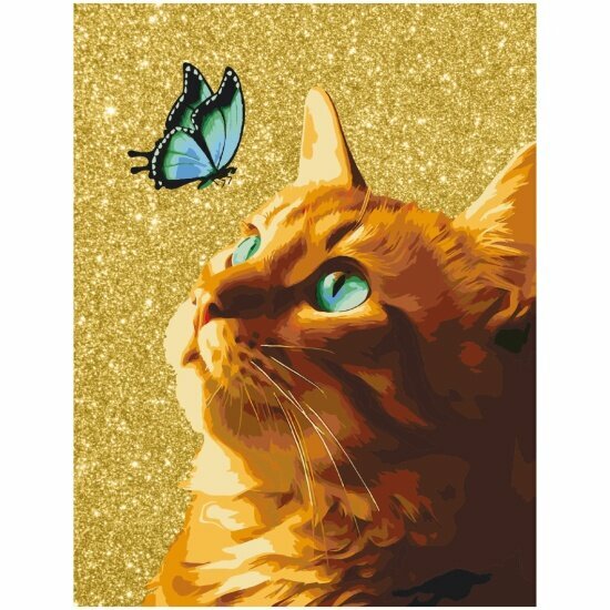 Картина по номерам на холсте с глиттером Три Совы Кот и бабочка, 30*40