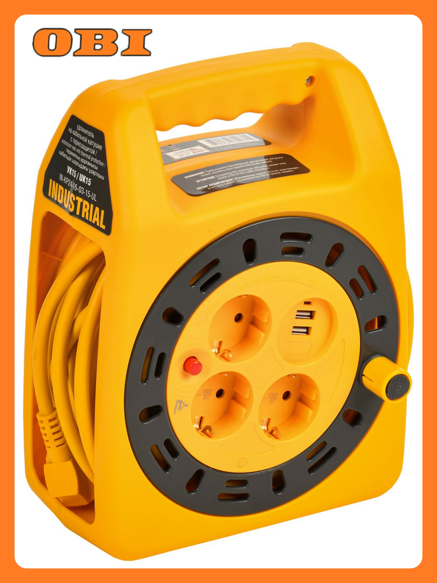 Катушка IEK INDUSTRIAL УК15 3 места с заземлением с термозащитой 2P+PE 3х1,5 мм2 USBх2 LED 15 м