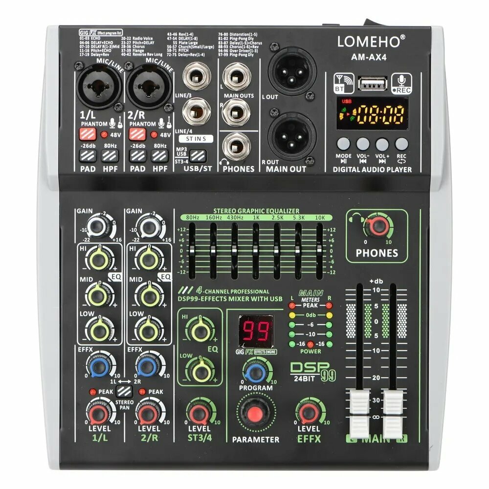 4-канальный входной микшерный пульт 48 В 99 DSP эффект Bluetooth аудио DJ микшер USB ПК воспроизведение запись подкаст звуковой стол AM-AX4