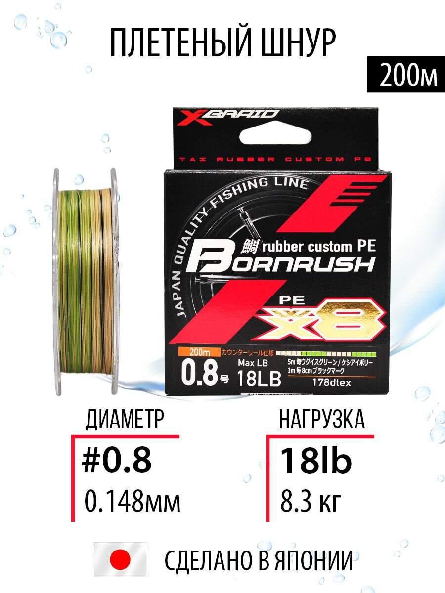 Шнур плетёный для рыбалки YGK X-Braid Bornrush WX8 #0.8/18lb 200m плетёнка рыболовная, леска для спиннинга.