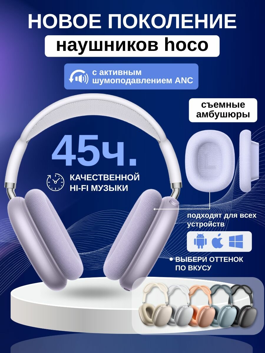 Наушники беспроводные большие Hoco с активным шумоподавлением ANC, накладные, полноразмерные, Bluetooth 5.4. ANC наушники Bluetooth 5.4 наушники