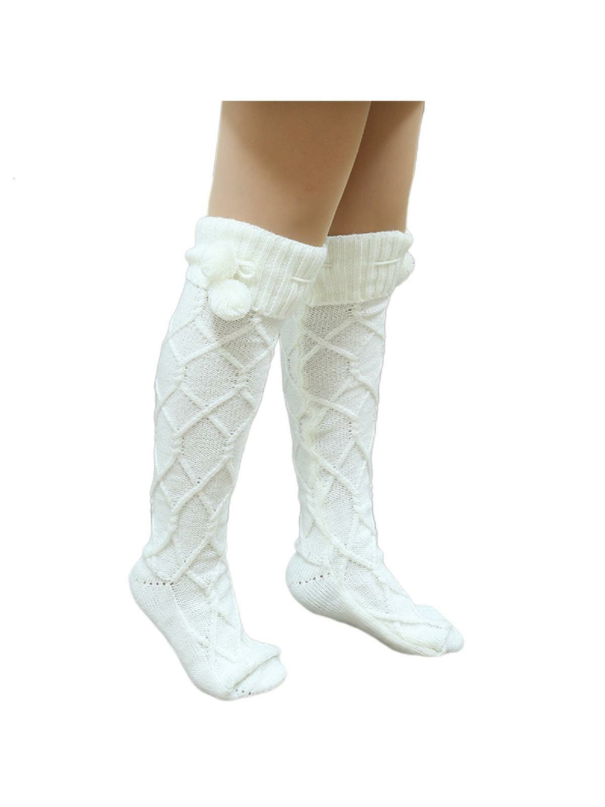 Женские вязаные гольфы до колена с помпонами, Белый