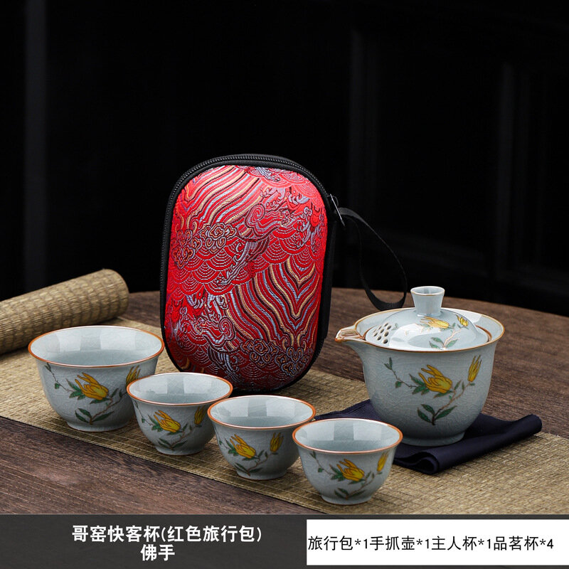 Чайный набор Buddha Hand из керамики с чайником и 4 чашками, компактная сумка для поездок, красная капсульная упаковка,