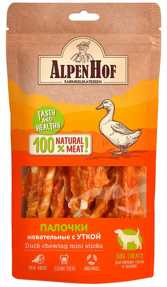 Лакомство AlpenHof для собак маленьких пород и щенков палочки жевательные с уткой 50 гр (1 уп)