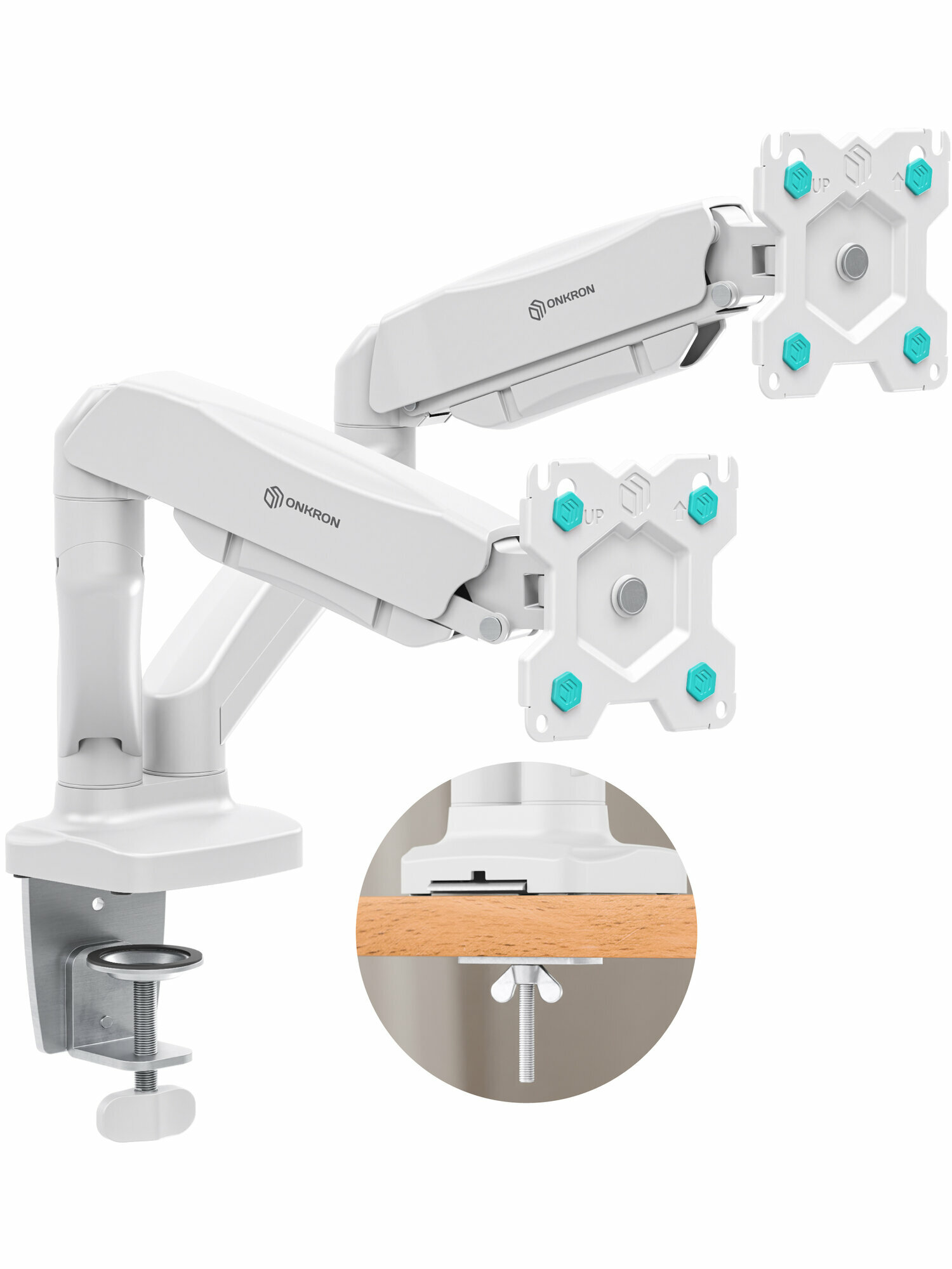 Крепление ONKRON G160 для двух мониторов 13"-32" настольное, 2 по 8 кг, газлифт, белый