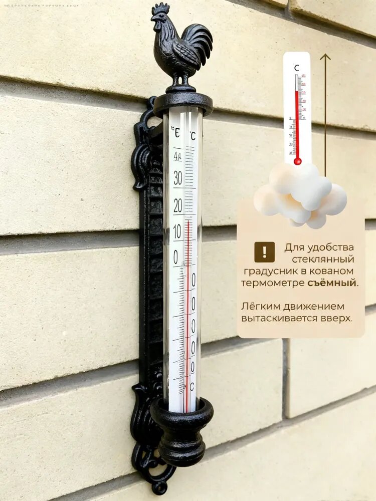 Термометр садовый кованый металлический для улицы и дома с птичкой, черный матовый — фото 1