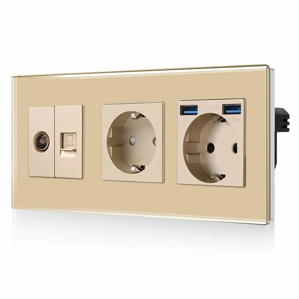 Розетка тройная с usb, для тв и RJ 45 Ethernet, c заземлением , золотая стеклянная.