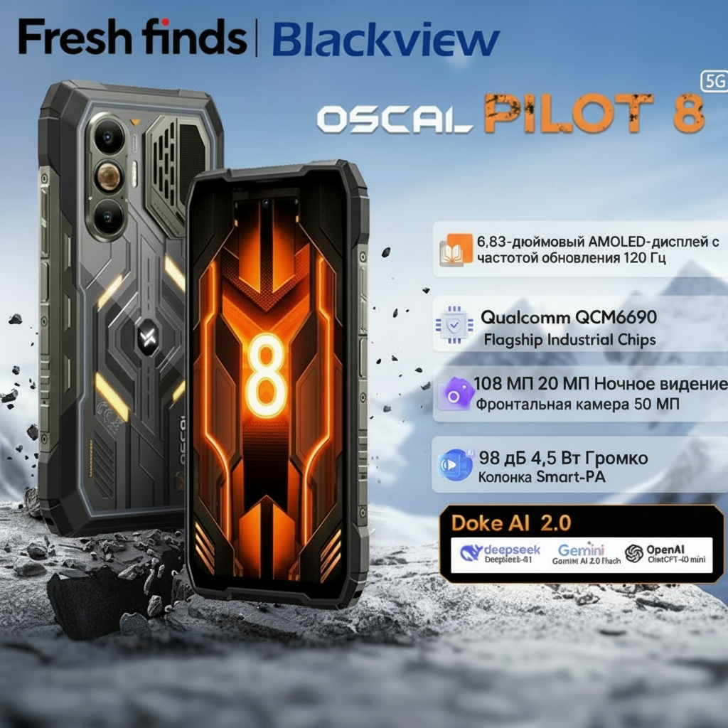 Противоударный смартфон Blackview Oscal Pilot 8 с 6,83-дюймовым AMOLED-дисплеем 120 Гц, процессором Qualcomm QCM6690 и камерами 108 МП