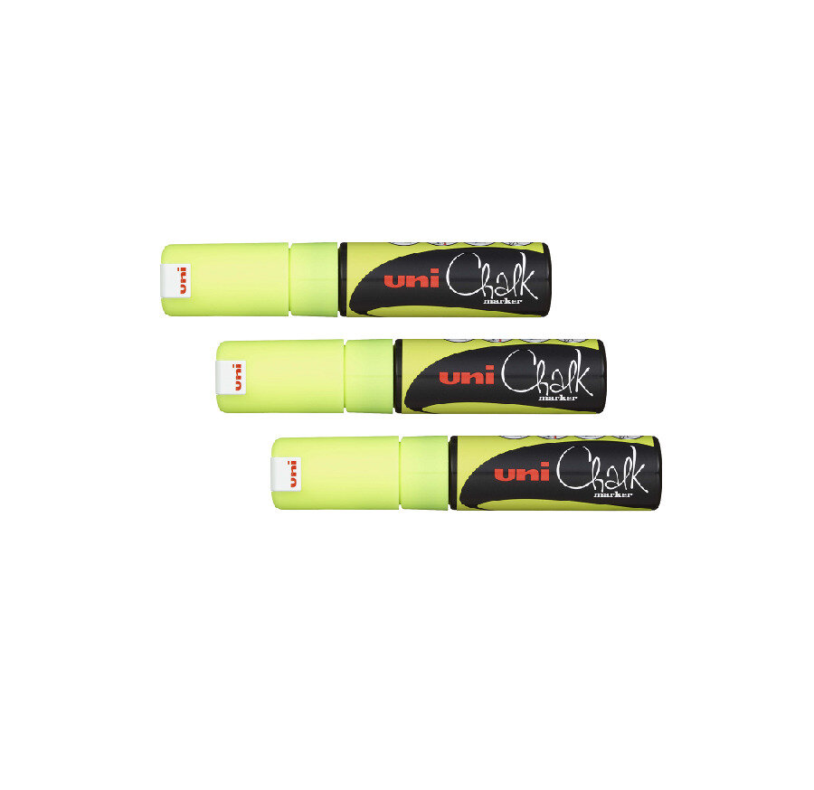 Маркер для окон и стеклянных поверхностей Uni Chalk PWE-8K, 8мм, флуор-желтый (комплект 3 штуки)