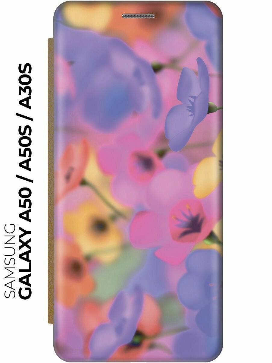 Чехол-книжка Разгоцветные цветочки на Samsung Galaxy A50 / A50s / A30s / Самсунг А50 / А30с / А50с золотой