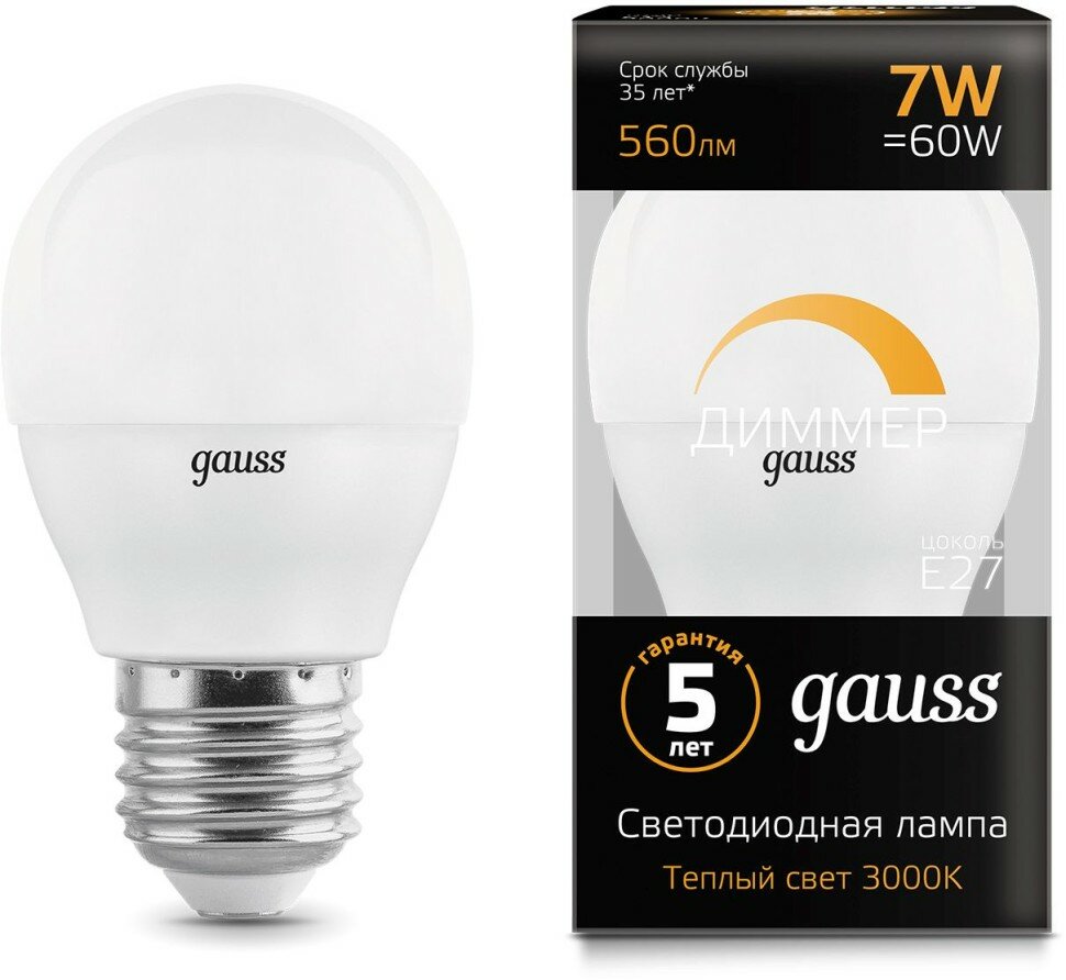 Лампа светодиодная Gauss 7Вт цок: E27 шар 220B 3000K св. свеч. бел. теп. (упак:10шт) (105102107-D)