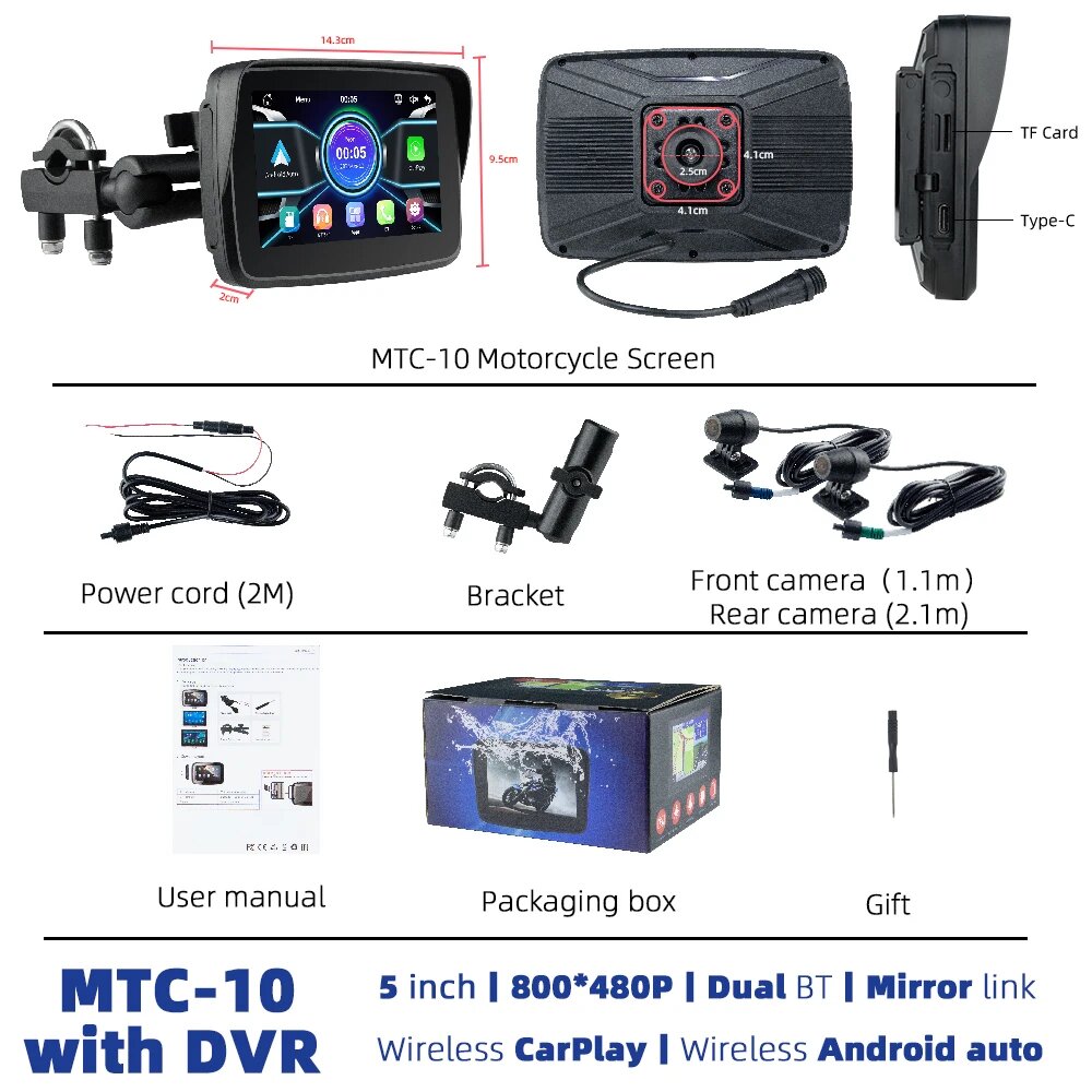EKIY мотоциклетный GPS-навигатор, беспроводной CarPlay 5,0-дюймовый экран, портативный мотоциклетный беспроводной Android-автомонитор MTC-10-DVR