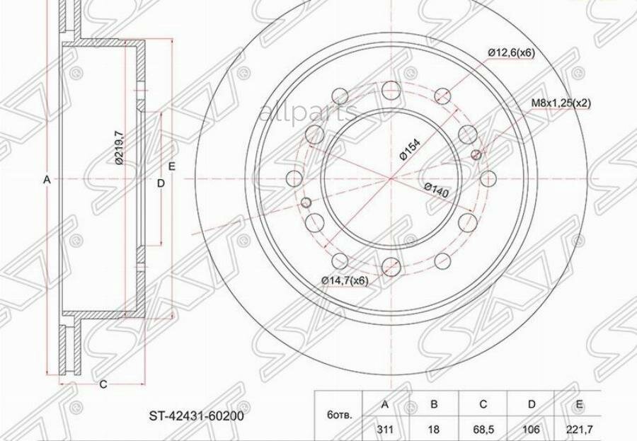 SAT ST-42431-60200 Диск тормозной (Зад) Toyota Land Cruiser Prado (J90, J120) 96-09 / Lexus GX 02-09