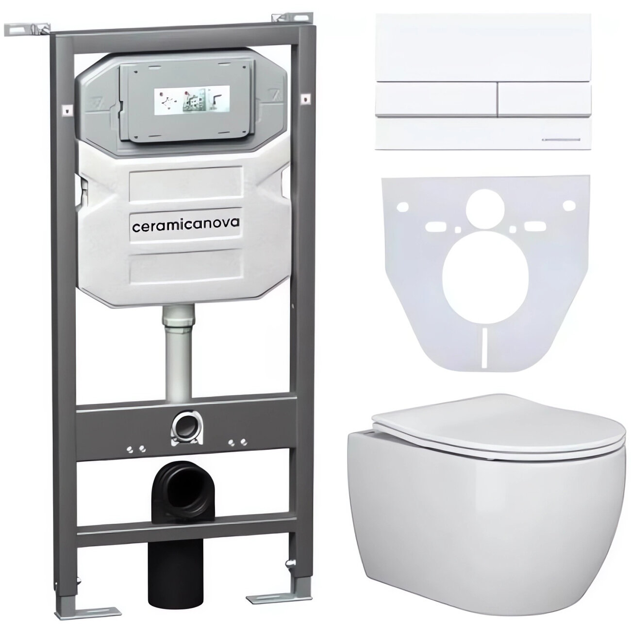 Комплект инсталляции 4 в 1 Ceramicanova (Керамиканова) Подвесной унитаз PLAY Rimless арт. CN3001 + Шумоизоляционная панель для инсталляции арт. CN1000 + Система инсталляции для унитазов CERAMICANOVA Envision с кнопкой смыва Flat цвет белый, креплениями, а