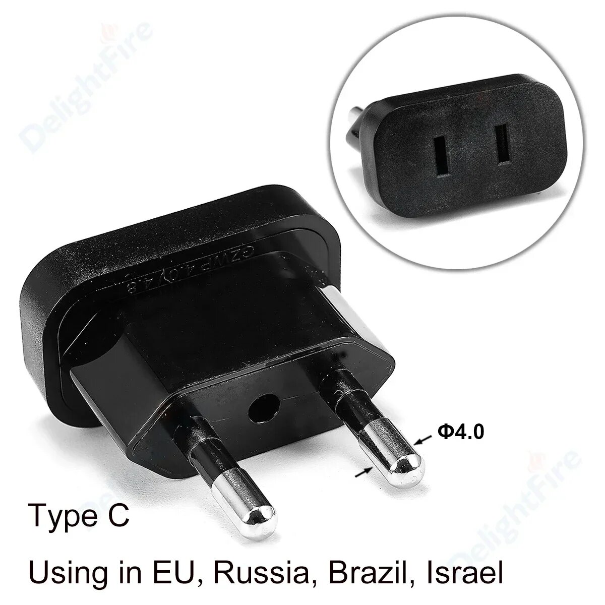 Дорожный адаптер DelightFire, евровилка EU Plug-Black 4.0mm